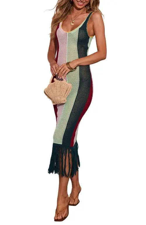 VICI Marion Stripe Open Stitch Fringe Midi Dress