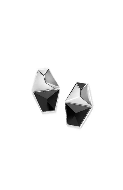 RETRO CHIC Echo Collection Geometric Black Agate And Metal Earrings - Black & Silver