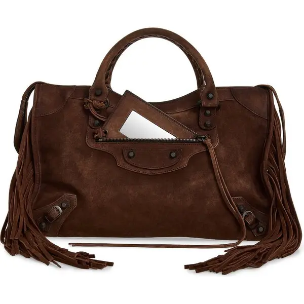 Balenciaga Medium Suede Satchel With Tassels - Light Espresso