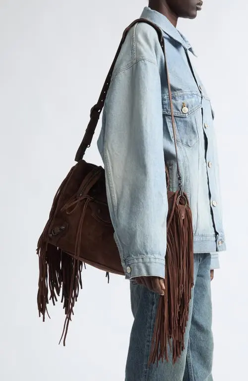 Balenciaga Medium Suede Satchel With Tassels