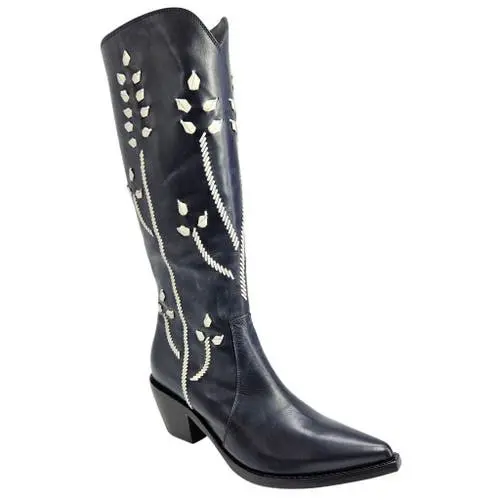 MADISON MAISON Knee-high Western Boots With Floral Embroidery - Navy