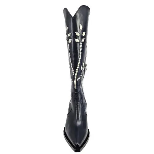MADISON MAISON Knee-high Western Boots With Floral Embroidery - Navy