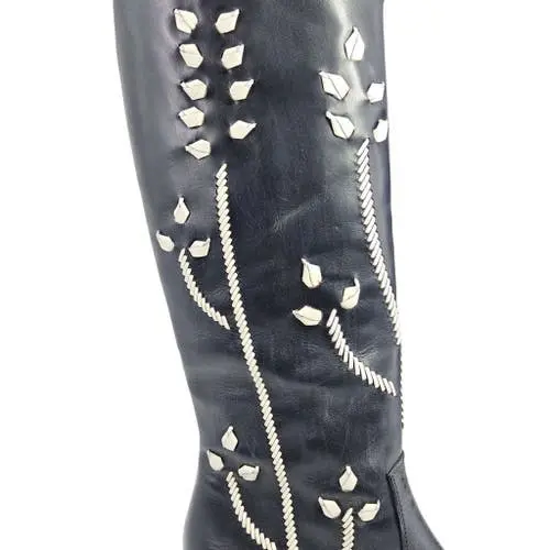 MADISON MAISON Knee-high Western Boots With Floral Embroidery - Navy
