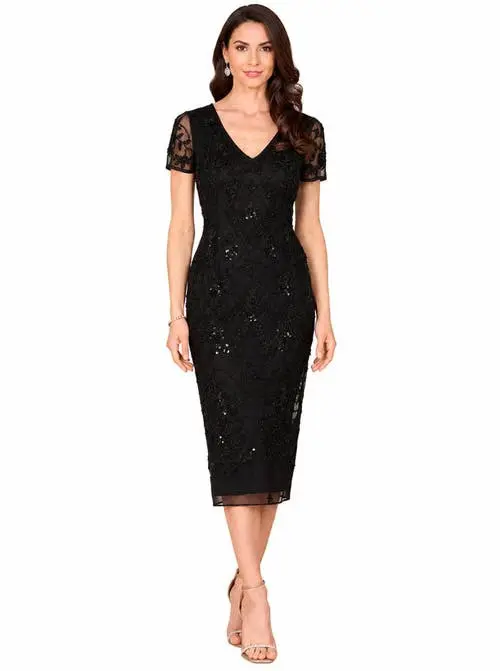 LARA NEW YORK Beaded V-neck Midi Dress - Black