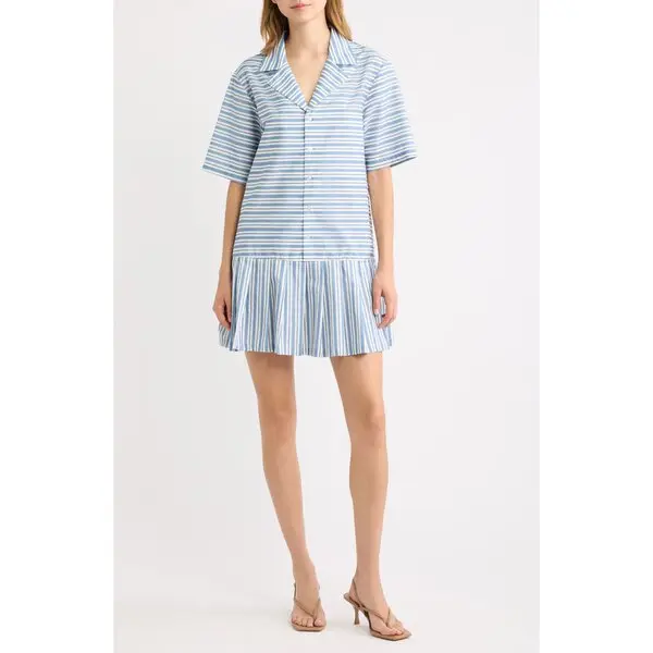 PETAL & PUP Fraser Stripe Drop Waist Mini Shirtdress - Blue Stripe