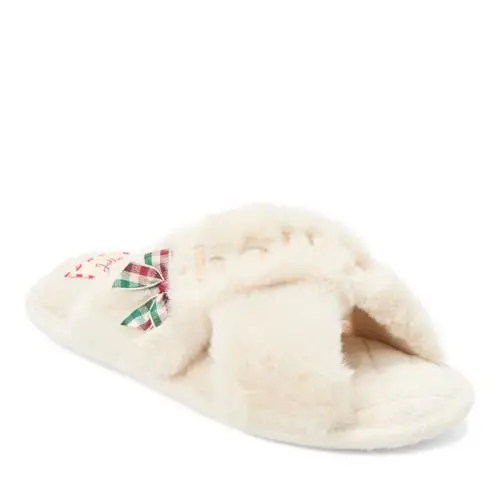 DEARFOAMS Mama Fur Slide Slippers With Bow Detailing - Creme Brulee