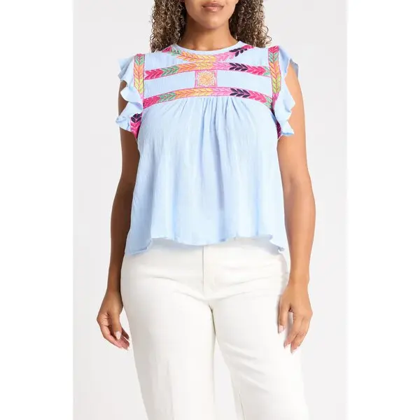 RAIN AND ROSE Embroidered Flutter Cap Sleeve Top - Blue