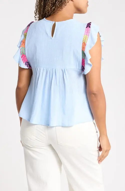 RAIN AND ROSE Embroidered Flutter Cap Sleeve Top