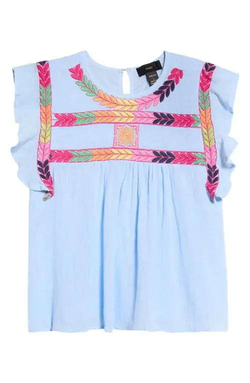 RAIN AND ROSE Embroidered Flutter Cap Sleeve Top