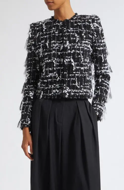 Balmain Black And White Tweed Cropped Jacket With Fringe