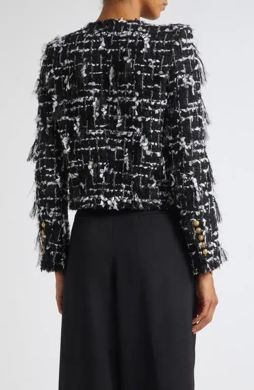 Balmain Black And White Tweed Cropped Jacket With Fringe