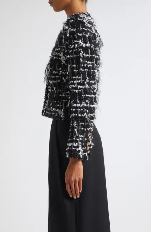 Balmain Black And White Tweed Cropped Jacket With Fringe