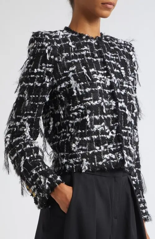 Balmain Black And White Tweed Cropped Jacket With Fringe