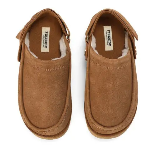 DEARFOAMS Fireside Convertible Mule Slippers With Genuine Suede And Shearling - Chestnut