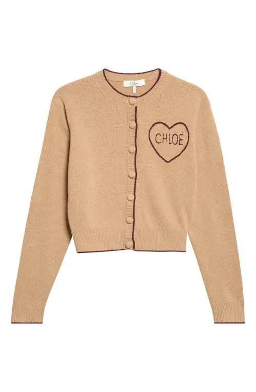 Chloé Embroidered Logo Crop Wool & Cashmere Cardigan - Bleached Brown