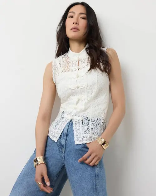 Mint Velvet Lace Mandarin Collar Military Top