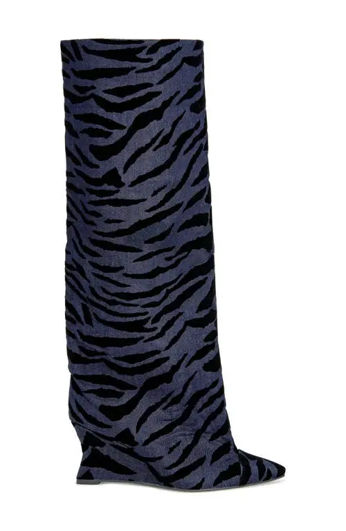 AZALEA WANG Knee High Animal Print Wedge Boot - Denim