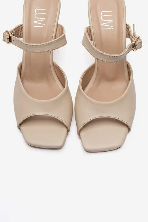 FOREVER & ALWAYS SHOES Urael Leather Stiletto Strap Sandal - Beige