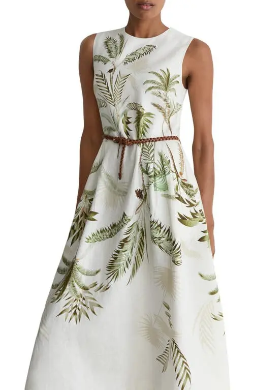 REISS Palma Palm Print Linen Midi Dress - Ivory/khaki