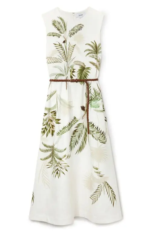 REISS Palma Palm Print Linen Midi Dress - Ivory/khaki