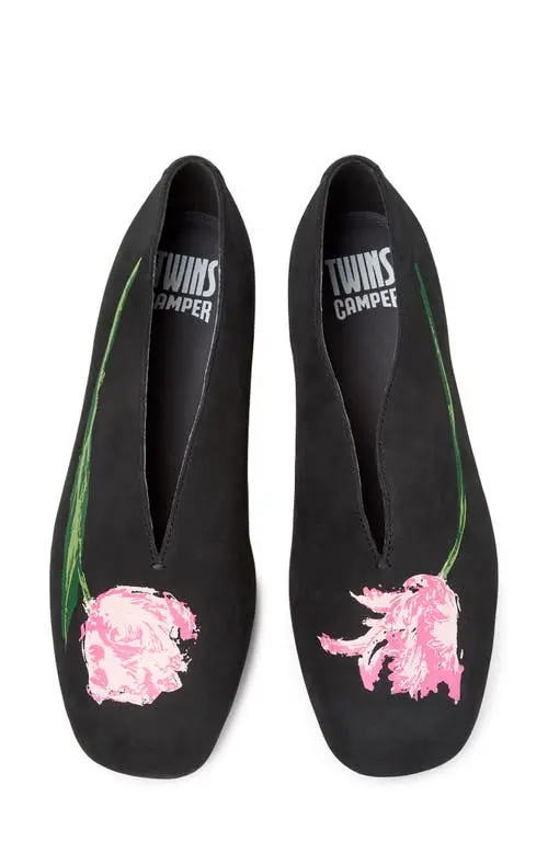 Camper Casi Myra Twins Floral Ballerina Flat - Black