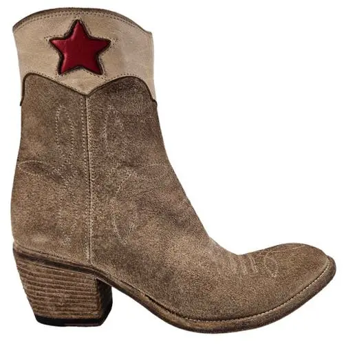 MADISON MAISON Cowboy Round Toe Star Ankle Boot - Beige