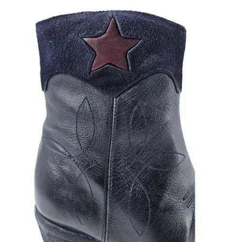 MADISON MAISON Cowboy Round Toe Star Ankle Boot - Navy
