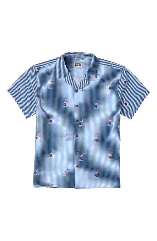 PARTY PANTS Mingo Weekend Stripe Flamingo Print Seersucker Camp Shirt - Indigo