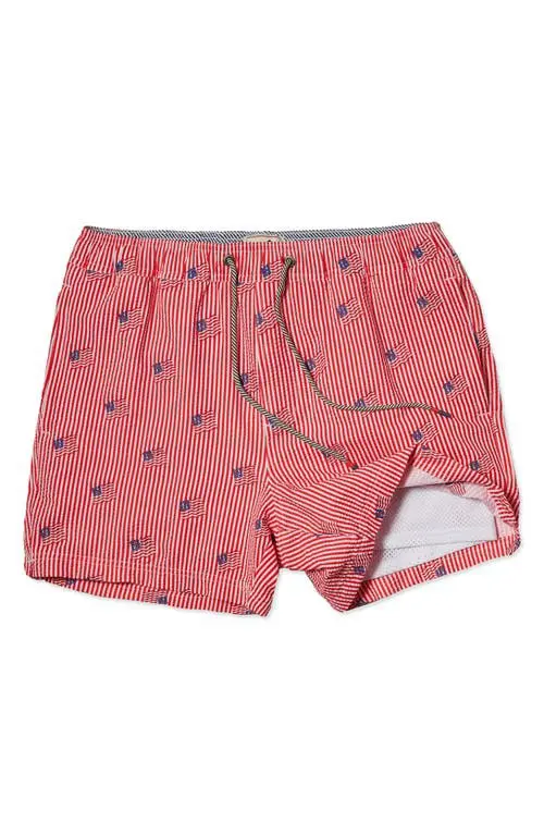 PARTY PANTS Embroidered Stripe Swim Trunks With Bottle Opener