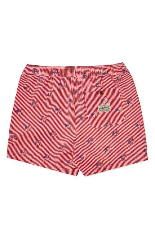 PARTY PANTS Embroidered Stripe Swim Trunks With Bottle Opener