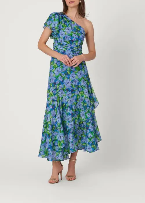 Shoshanna Midnight Sketched Garden Print One-shoulder Dress