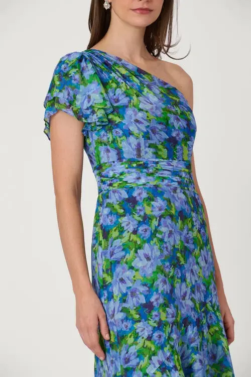 Shoshanna Midnight Sketched Garden Print One-shoulder Dress