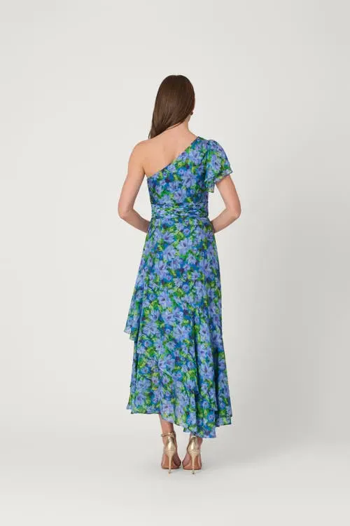 Shoshanna Midnight Sketched Garden Print One-shoulder Dress