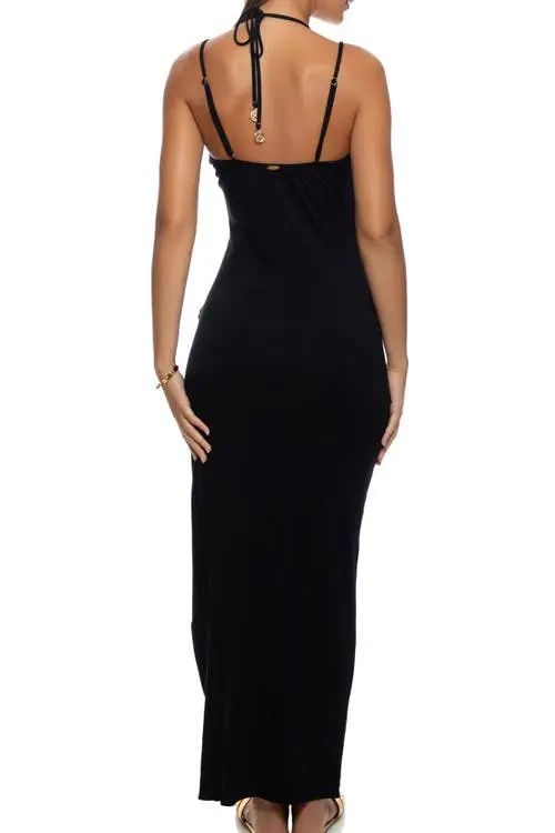 Luli Fama Gilded Butterfly Fitted Side Slit Maxi Dress