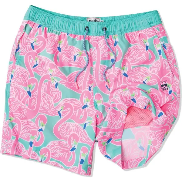 PARTY PANTS Flamingo Print Mid-thigh Swim Trunks - Mint Green