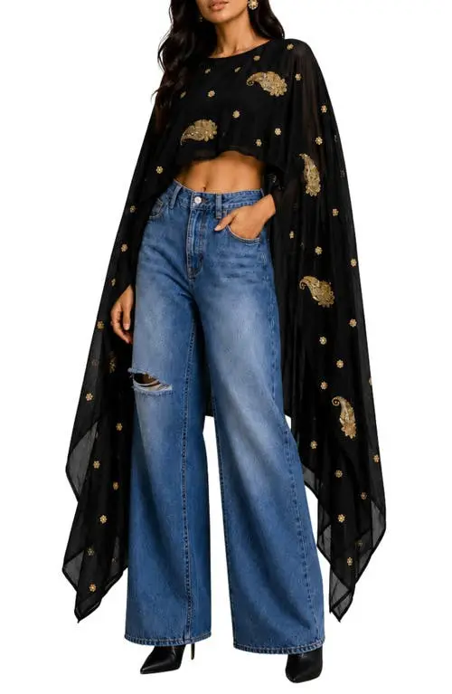 HOLICHIC Rimi Embroidered Georgette Cape Top - Black