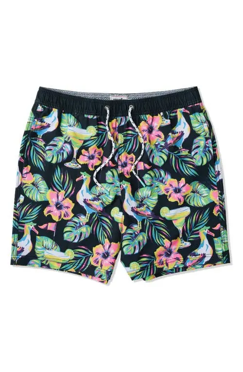 PARTY PANTS Tross Up" Cocktail And Albatross Print Swim Trunks - Black