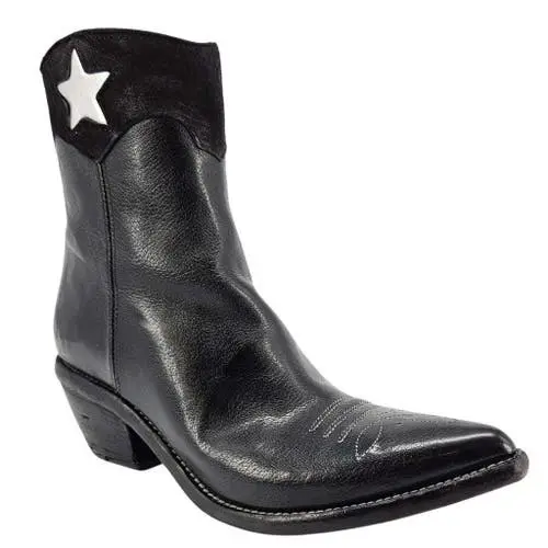 MADISON MAISON Cowboy Pointy Toe Star Ankle Boots - Black