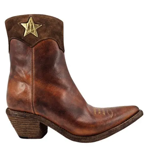 MADISON MAISON Cowboy Pointy Toe Star Ankle Boots - Cognac
