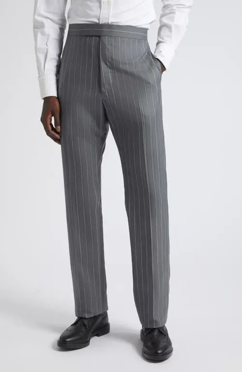 Thom Browne Pinstriped Wool Trousers With Tricolor Grosgrain Loop - Medium Grey