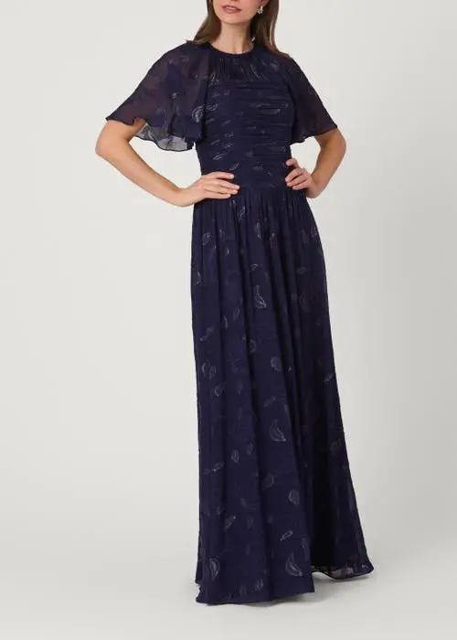Shoshanna Midnight Lurex Clip Chiffon Serafina Dress - Navy/gold