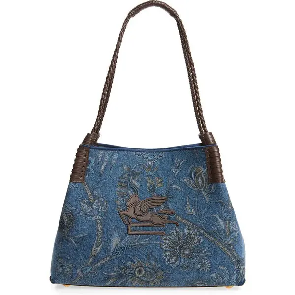 Etro Small Libra Denim Shopping Tote With Pegaso Logo - Print On Blue Base