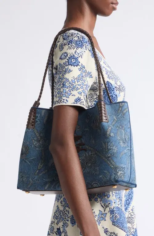 Etro Small Libra Denim Shopping Tote With Pegaso Logo