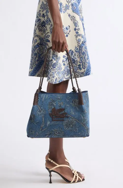 Etro Small Libra Denim Shopping Tote With Pegaso Logo