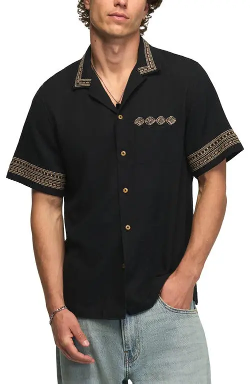 Lucky Brand Embroidered Cotton Camp Shirt - Black