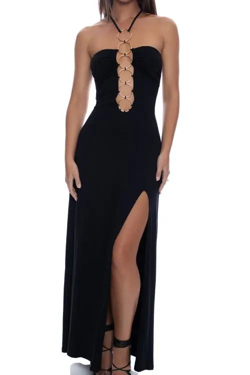 Luli Fama Inner Circle Halter Ring Long Dress - Black