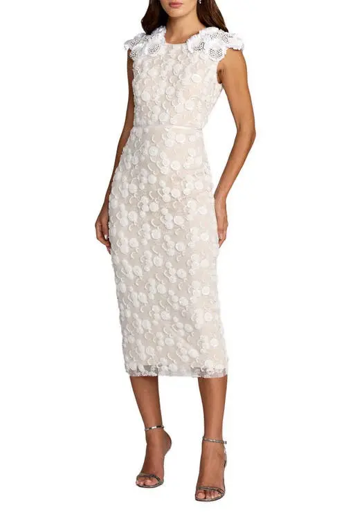 Mac Duggal Floral Beaded Lace Sleeveless Fitted Midi Dress - Ivory Nude