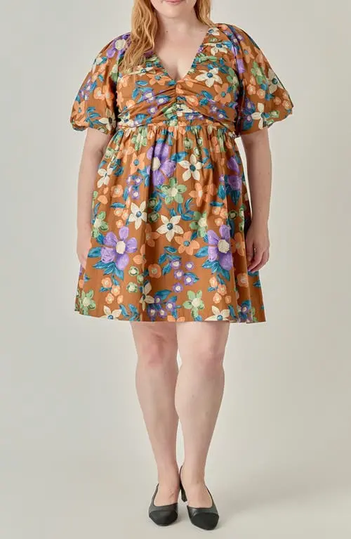 English Factory Floral Puff Sleeve Minidress - Brown Multi