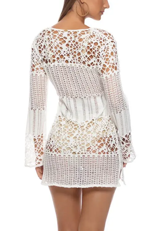 Luli Fama Crochet V-neck Long Sleeve Mini Dress