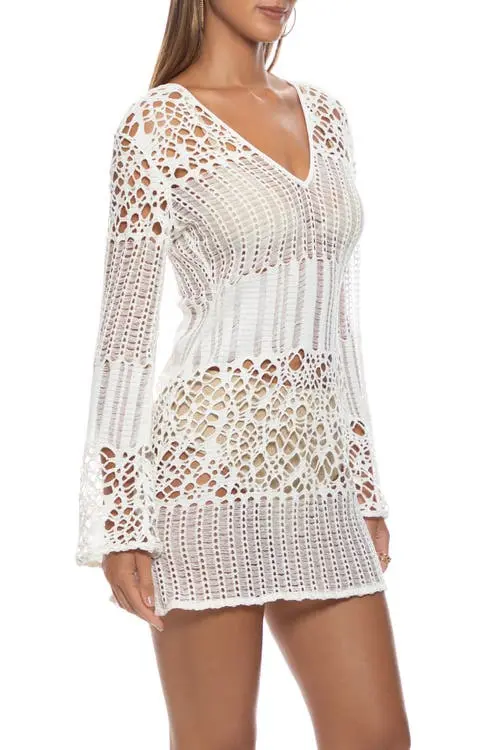 Luli Fama Crochet V-neck Long Sleeve Mini Dress